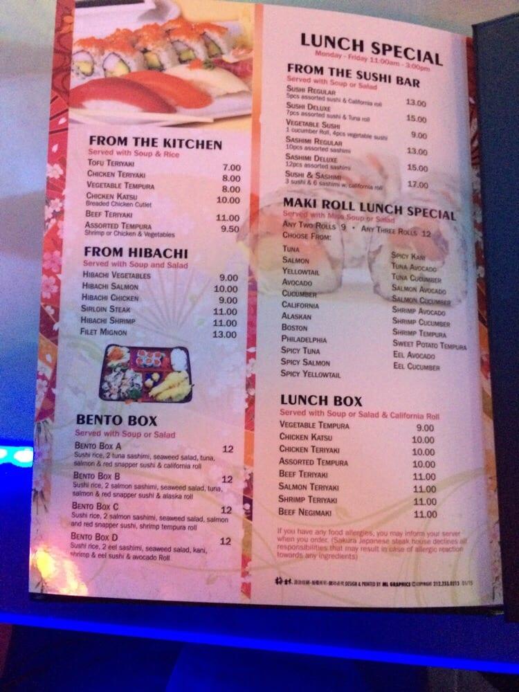 Menu at Sakura Japanese Steakhouse, Elkhart