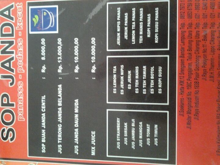 Menu at Sop Janda Cikarang, Bekasi Regency, Jalan Industri Cikarang
