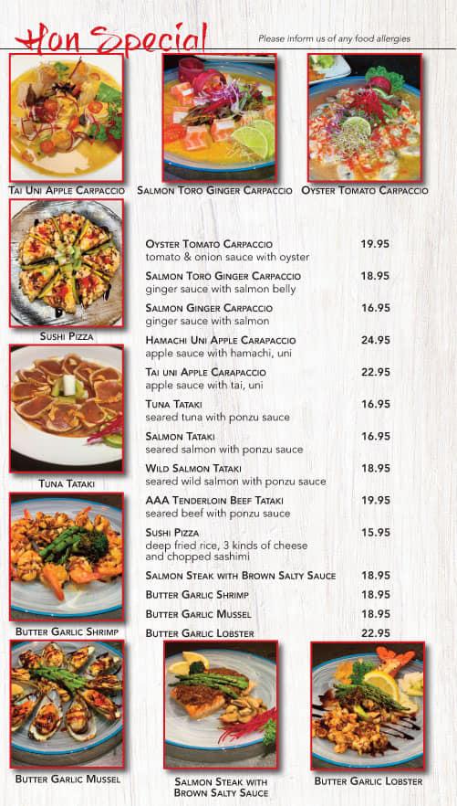 Menu at Sushi Hon restaurant, Sylvan Lake