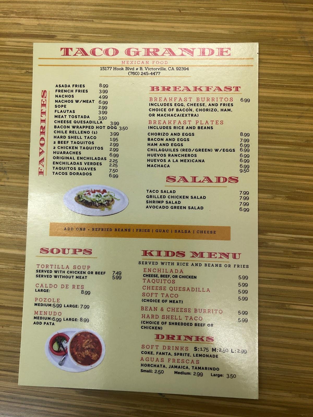 Carta del restaurante Taco Grande, Victorville