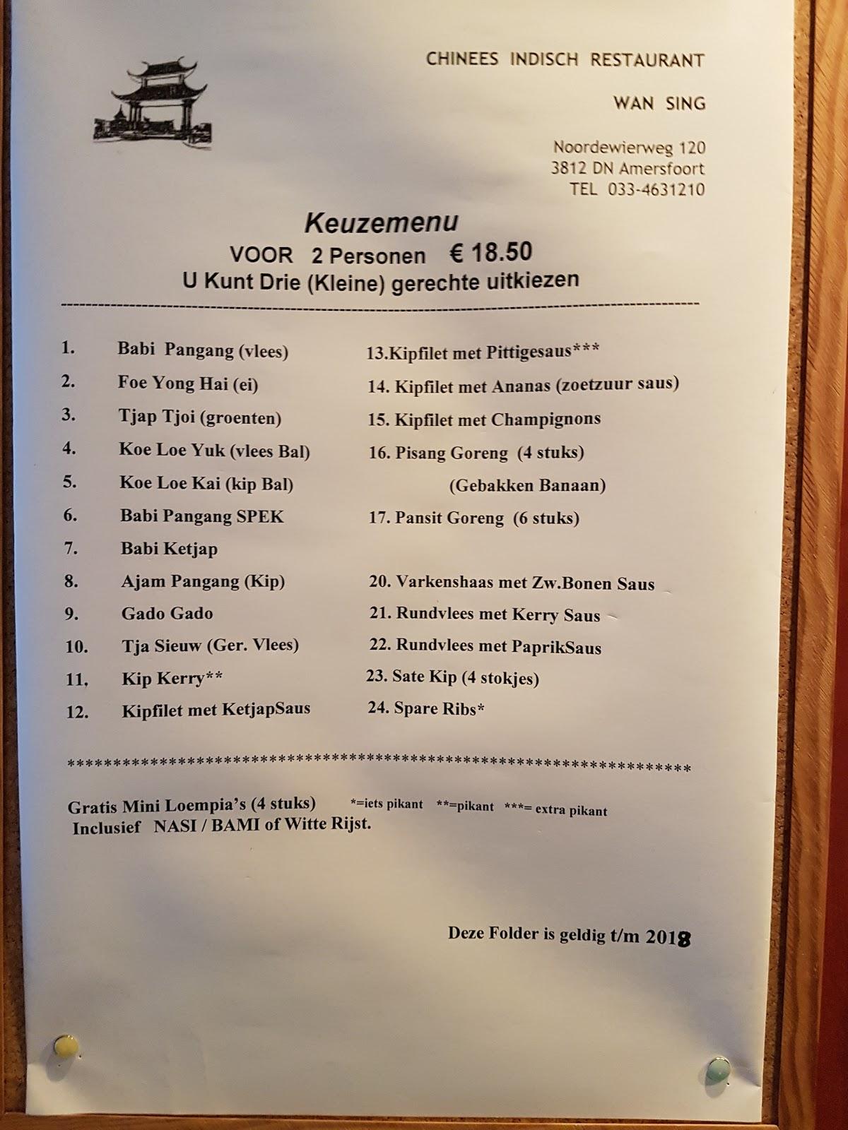 Menu at Wan Sing, Amersfoort