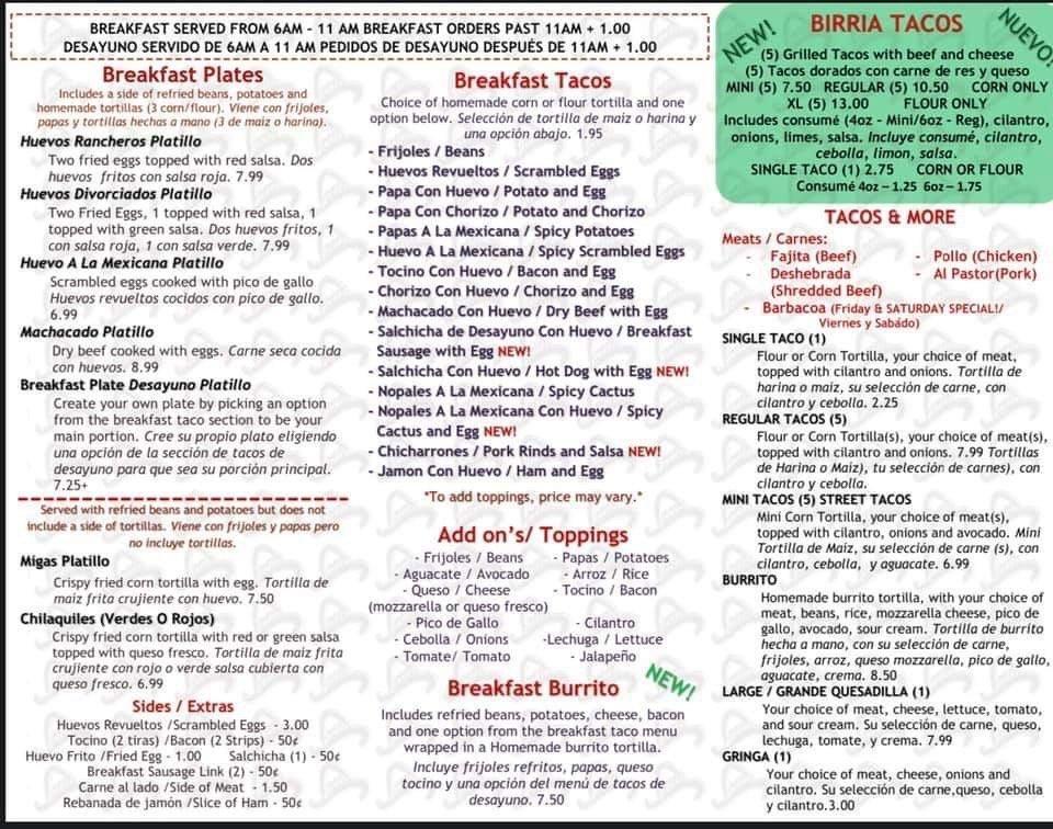 Carta del restaurante El Mana Taqueria, Baytown