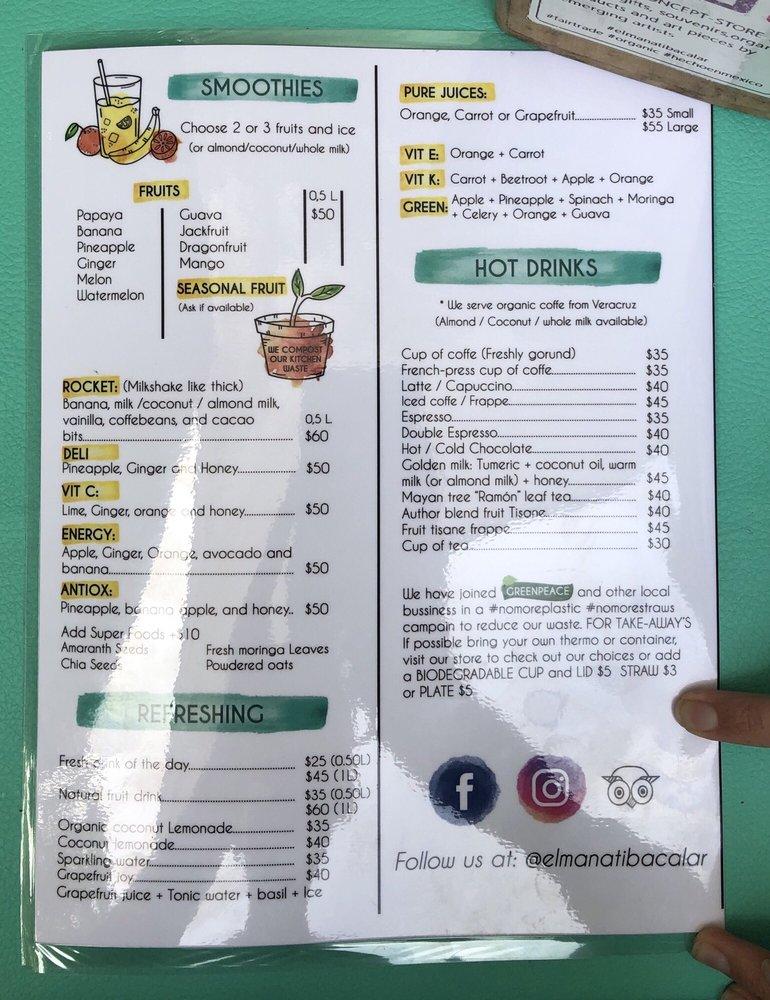Carta del restaurante El Manatí Bacalar, Bacalar