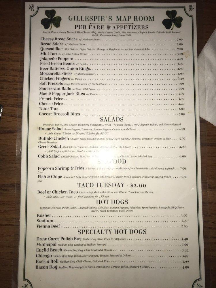 Menu at Gillespie's Map Room pub & bar, Cleveland