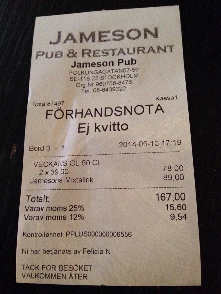 Menu at Golden Glandore restaurant, Stockholm