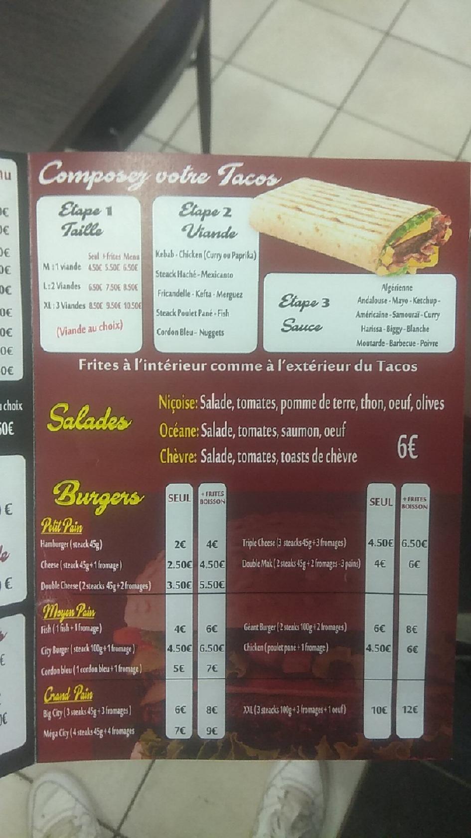 Menu au Kebab City restaurant, Sedan