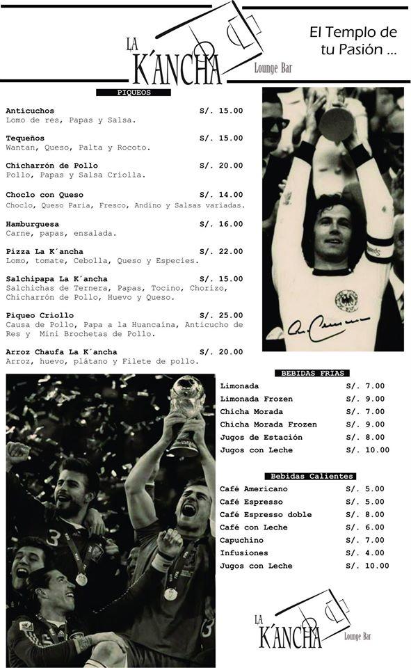 Menu at La Kancha pub & bar, Cusco