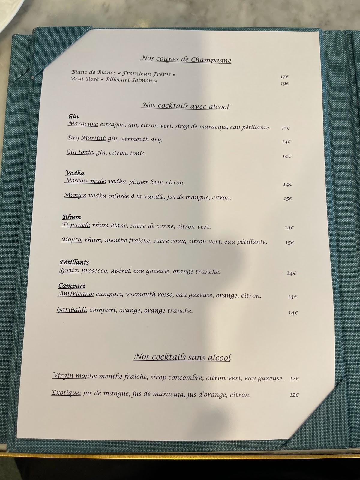 Menu at Le Faham restaurant, Paris