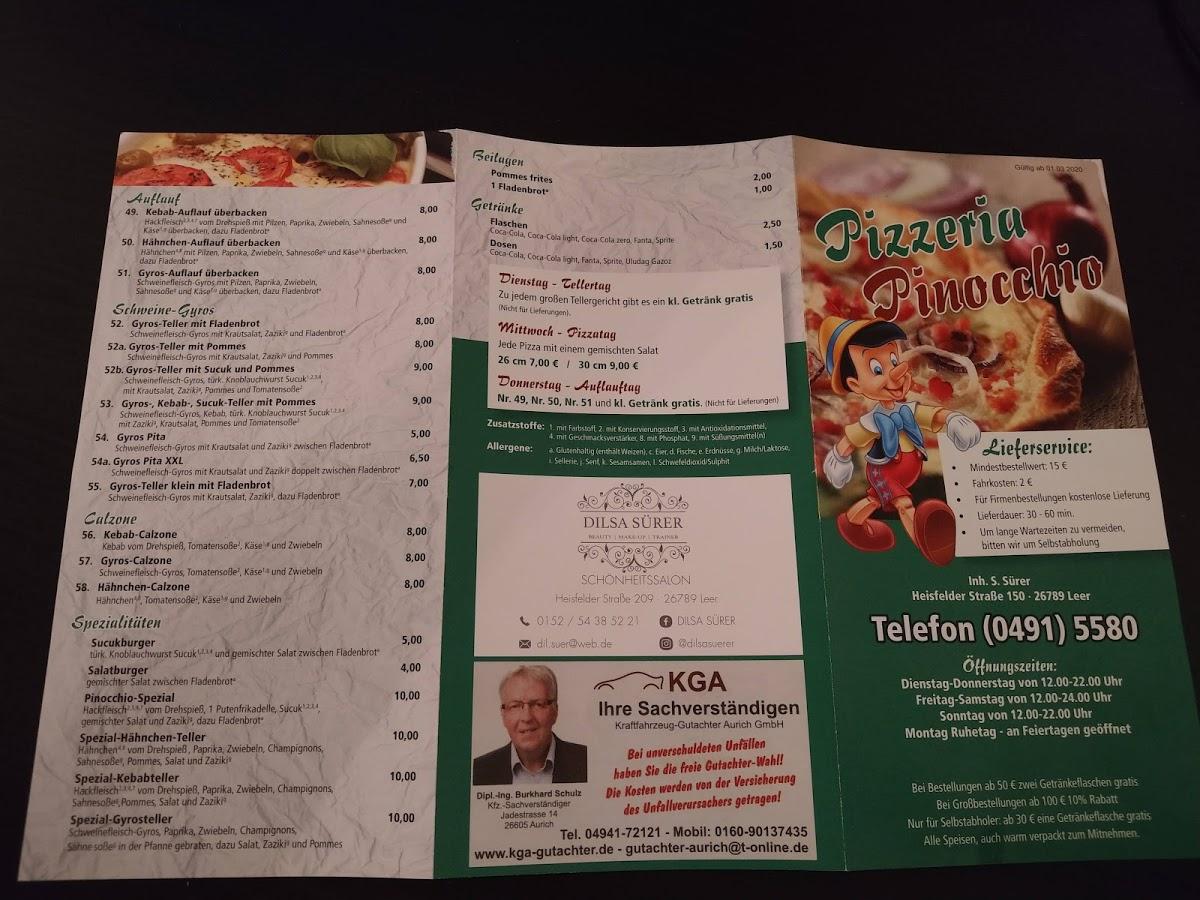 Menu at Pizzeria Pinocchio, Leer