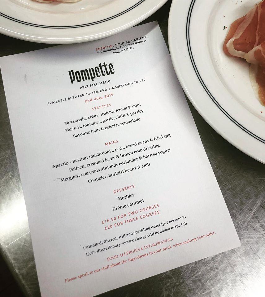 Carta del restaurante Pompette, Oxford