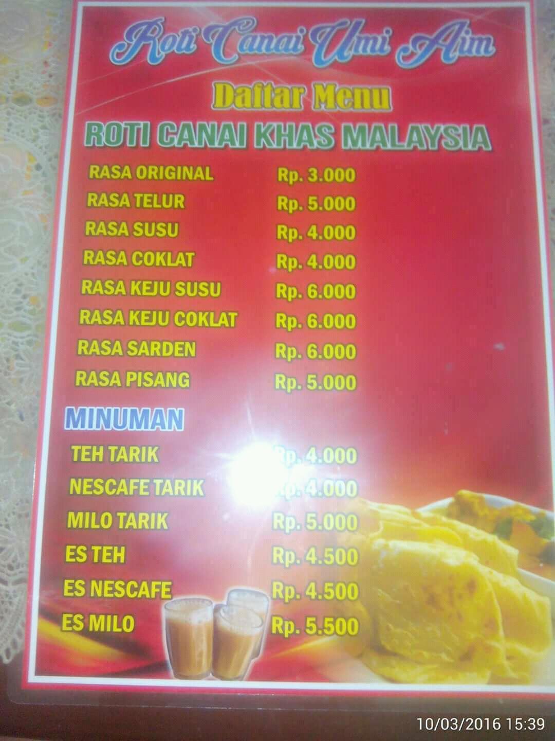 Menu at Roti Canai Al-Bilal restaurant, Ponorogo