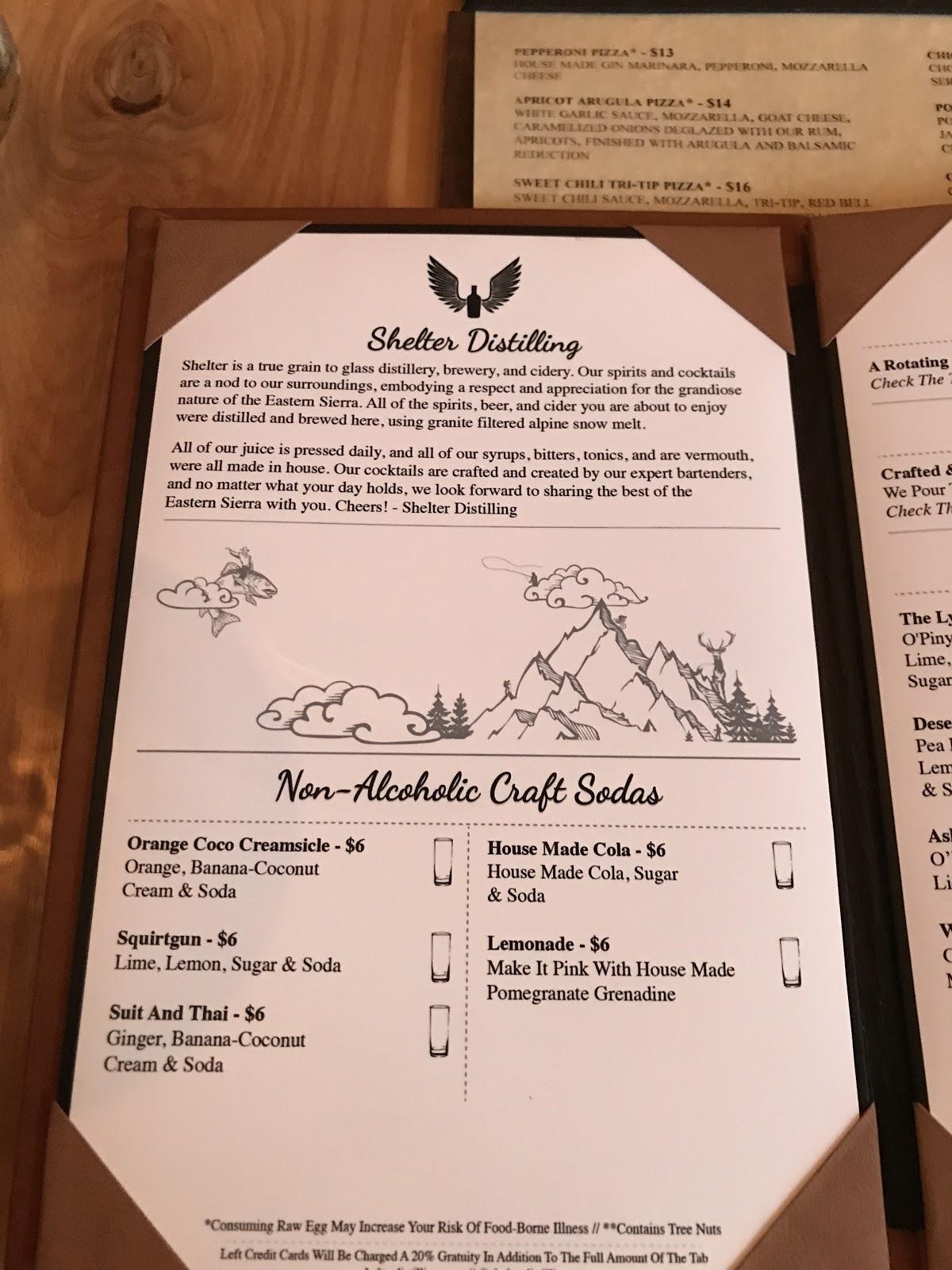 Menu at Shelter Distilling pub & bar, Mammoth Lakes