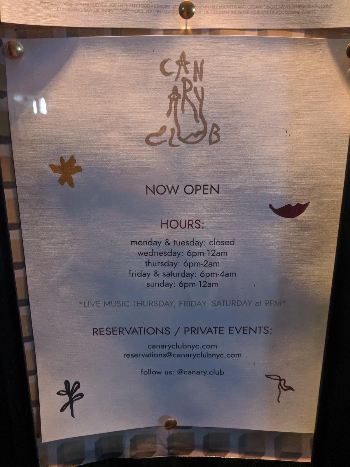 Menu at Canary Club, New York City