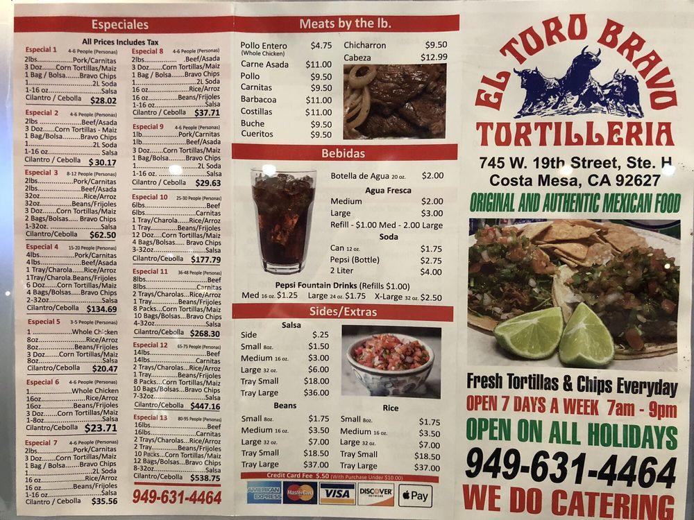 Menu at El Toro Bravo Tortilleria restaurant, Costa Mesa, 745 W 19th St ...