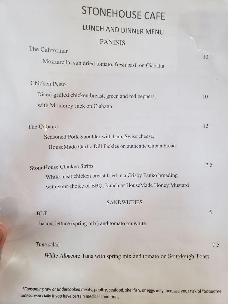 Menu at Stonehouse Cafe, Ephrata Township