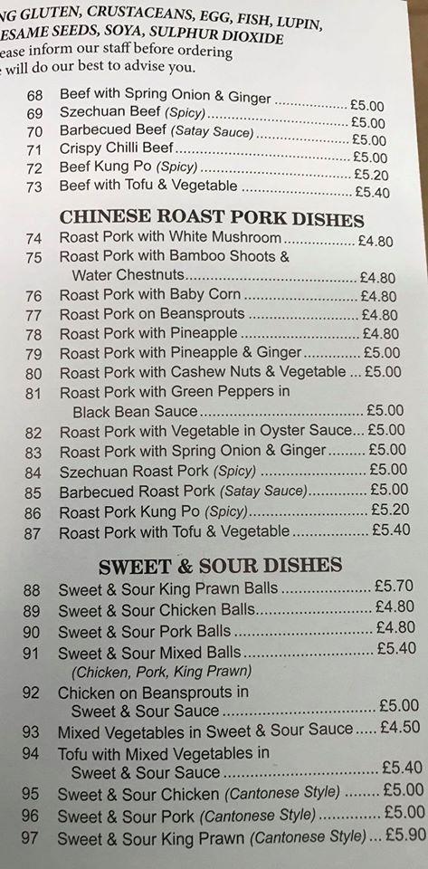 Menu at The Oriental Chinese Takeaway fast food, Bodmin