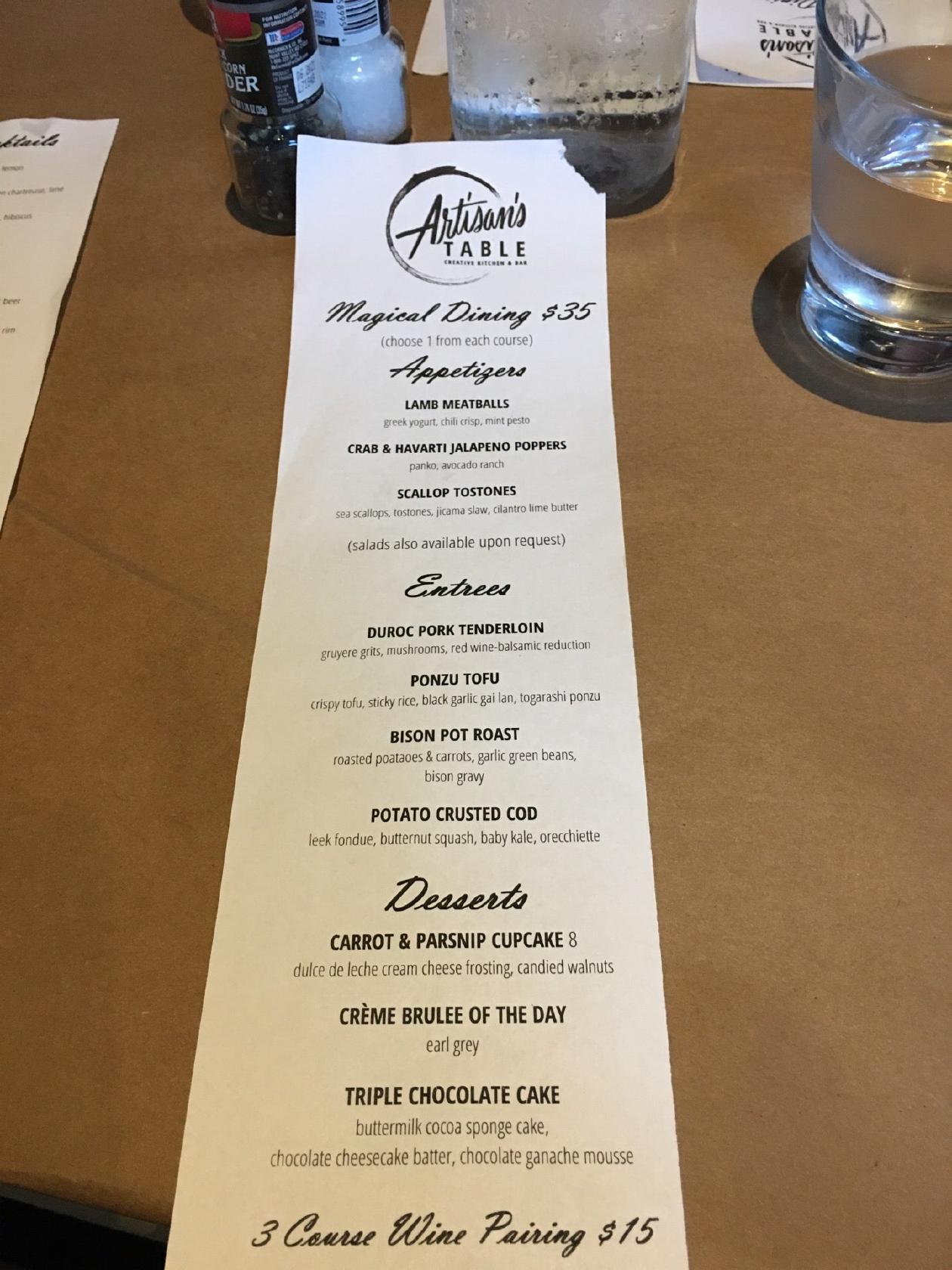 Menu at Artisan's Table restaurant, Orlando