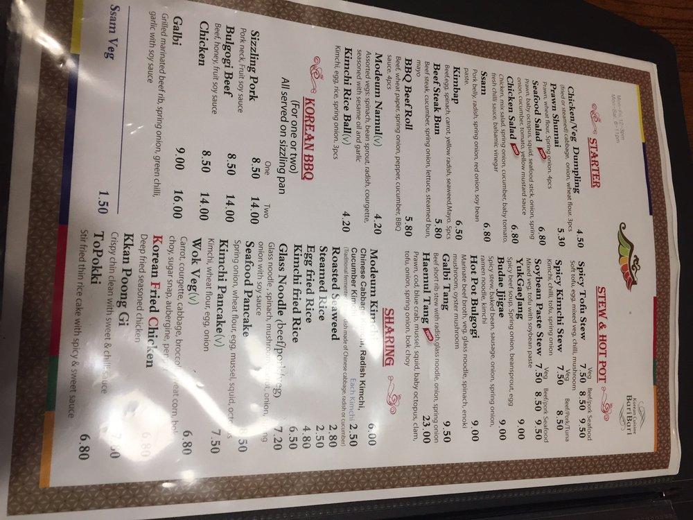 Menu at Bari Bari, London