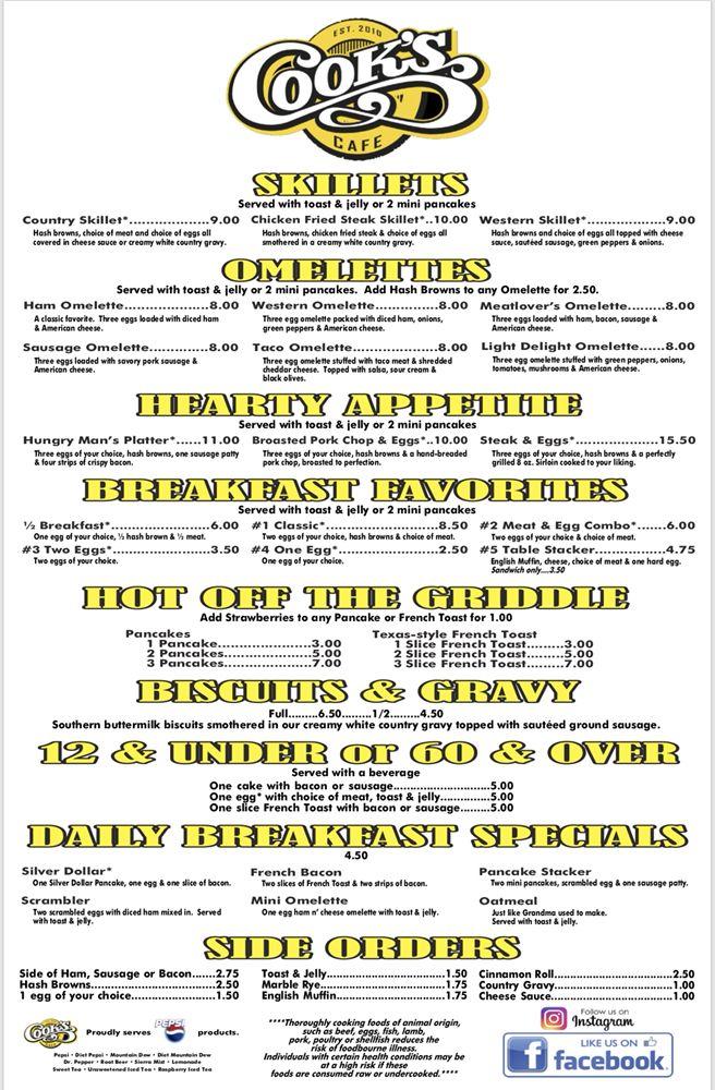 Menu at Cook's Café restaurant, Sheldon