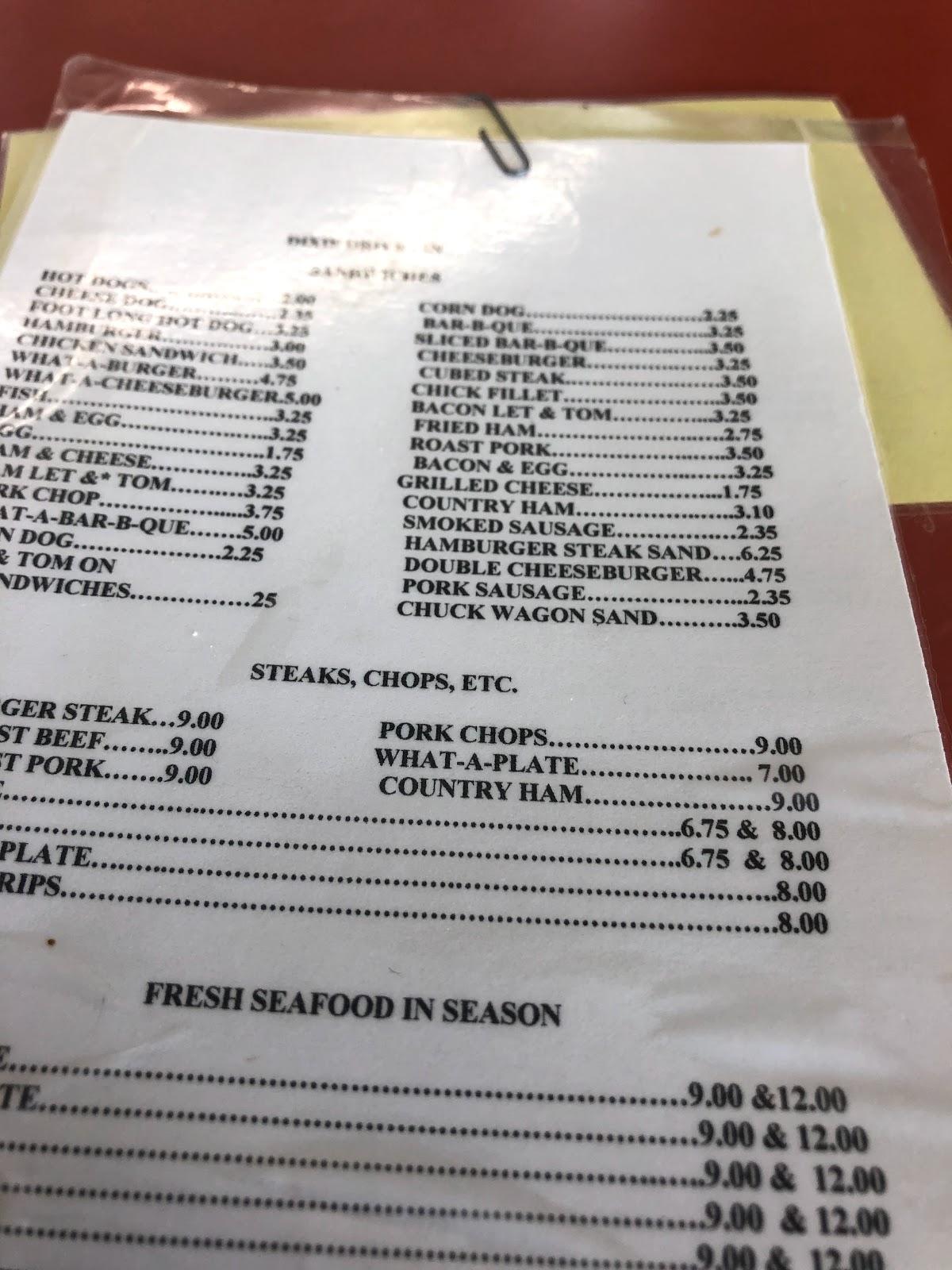Menu at Dixie Drive-in restaurant, Lumberton, E 5th St