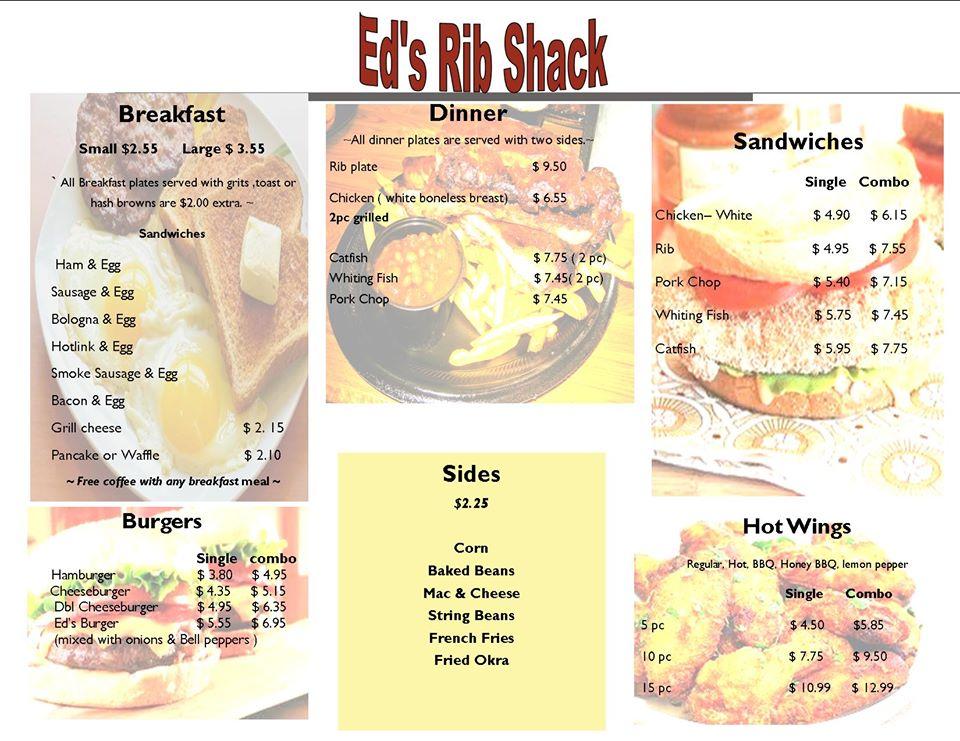Menu at Ed's Rib Shack restaurant, Selma