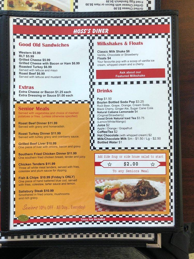 Menu at Hoss's Diner restaurant, Quinte West