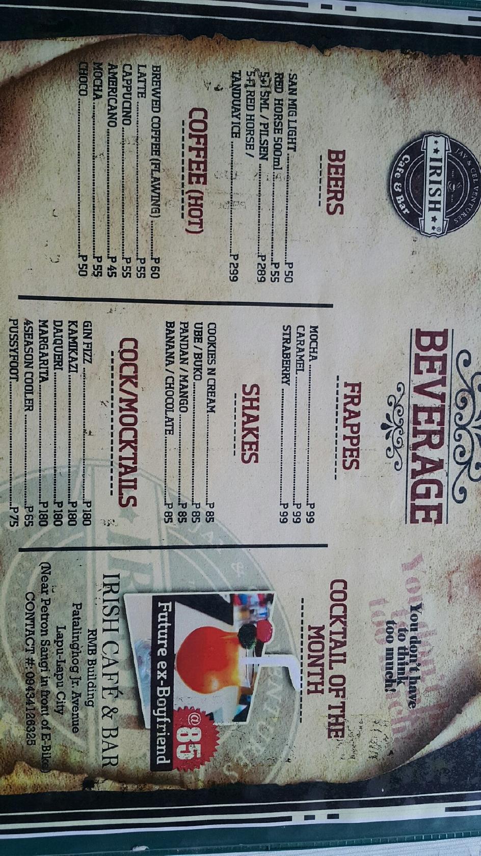 Menu at Irish Cafe, Lapu-Lapu City