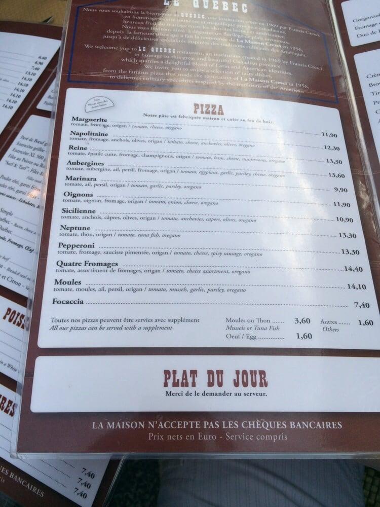 Menu au Le Québec restaurant, Nice