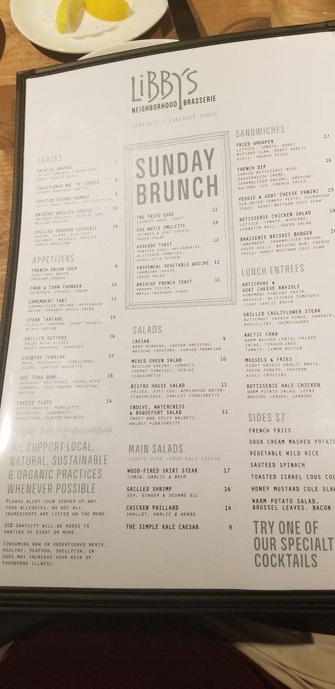 Menu at Libby's cafe, Sarasota