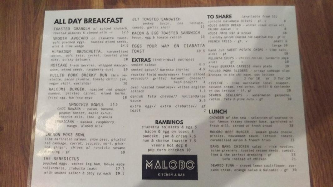 Menu at MALOBO Bakery & Terrace Bar, Henley Beach