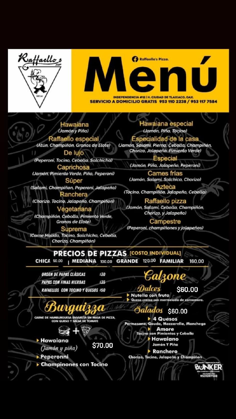 Carta del restaurante Raffaello's Pizza, Tlaxiaco