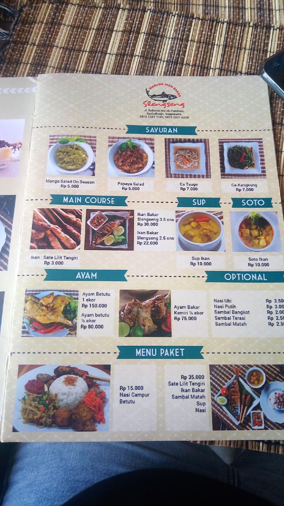 Menu at Rumah Makan Ikan Bakar Slengseng restaurant, Yogyakarta