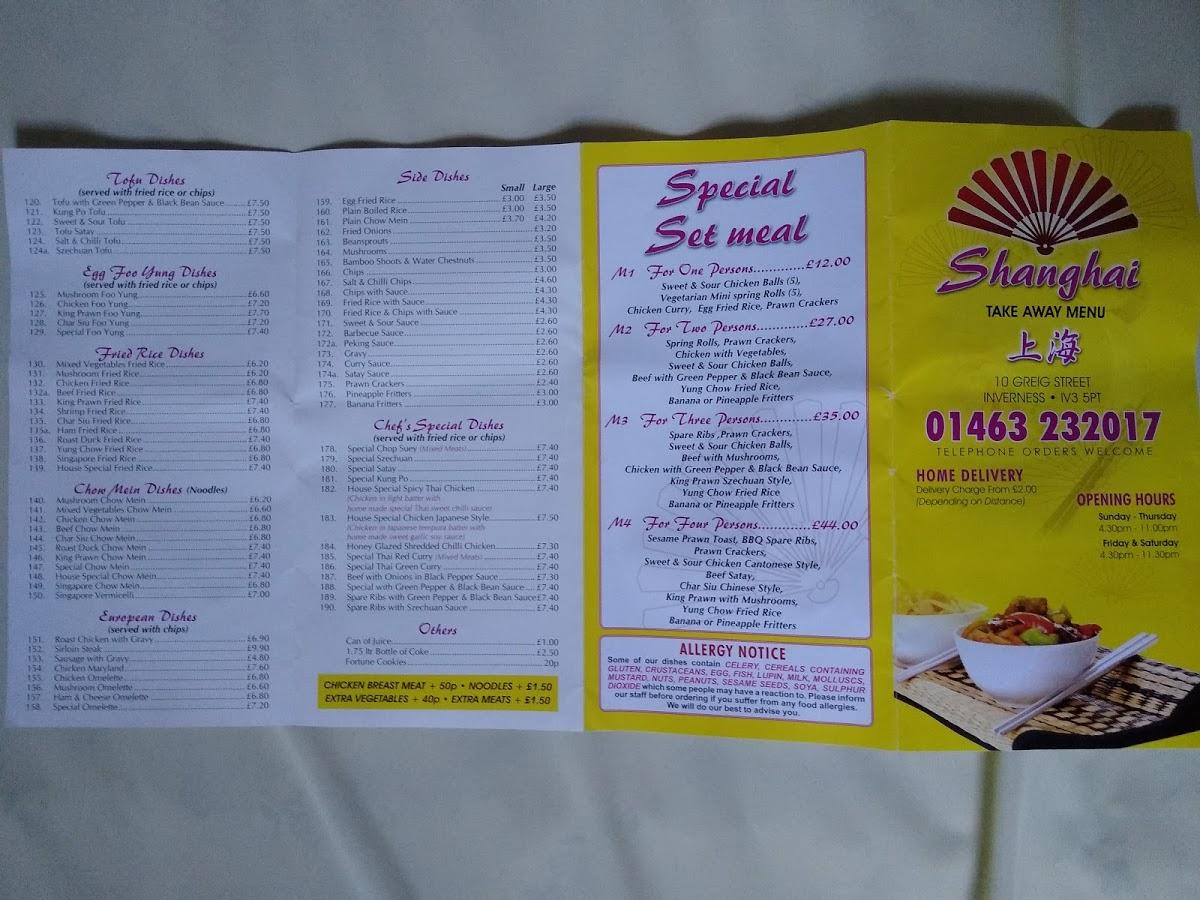 Menu at Shanghai fast food, Inverness