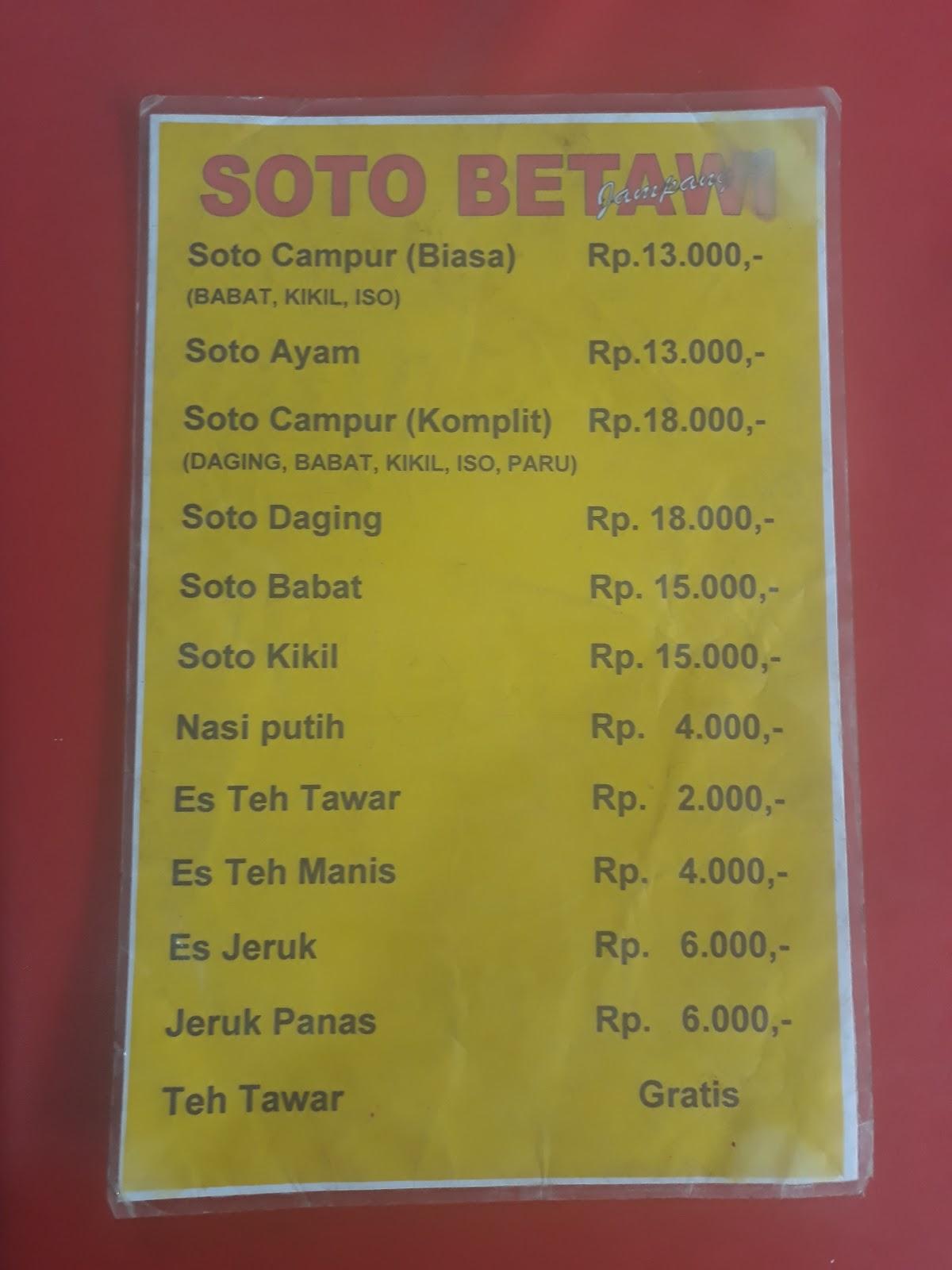 Menu at Soto Betawi Jampang 3 restaurant, Gunung Putri