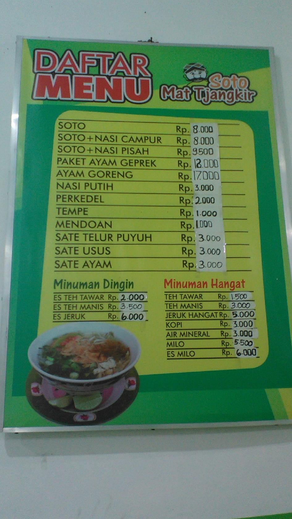 Menu at Soto Mat Tjangkir Khas Semarang restaurant, Karangmoncol