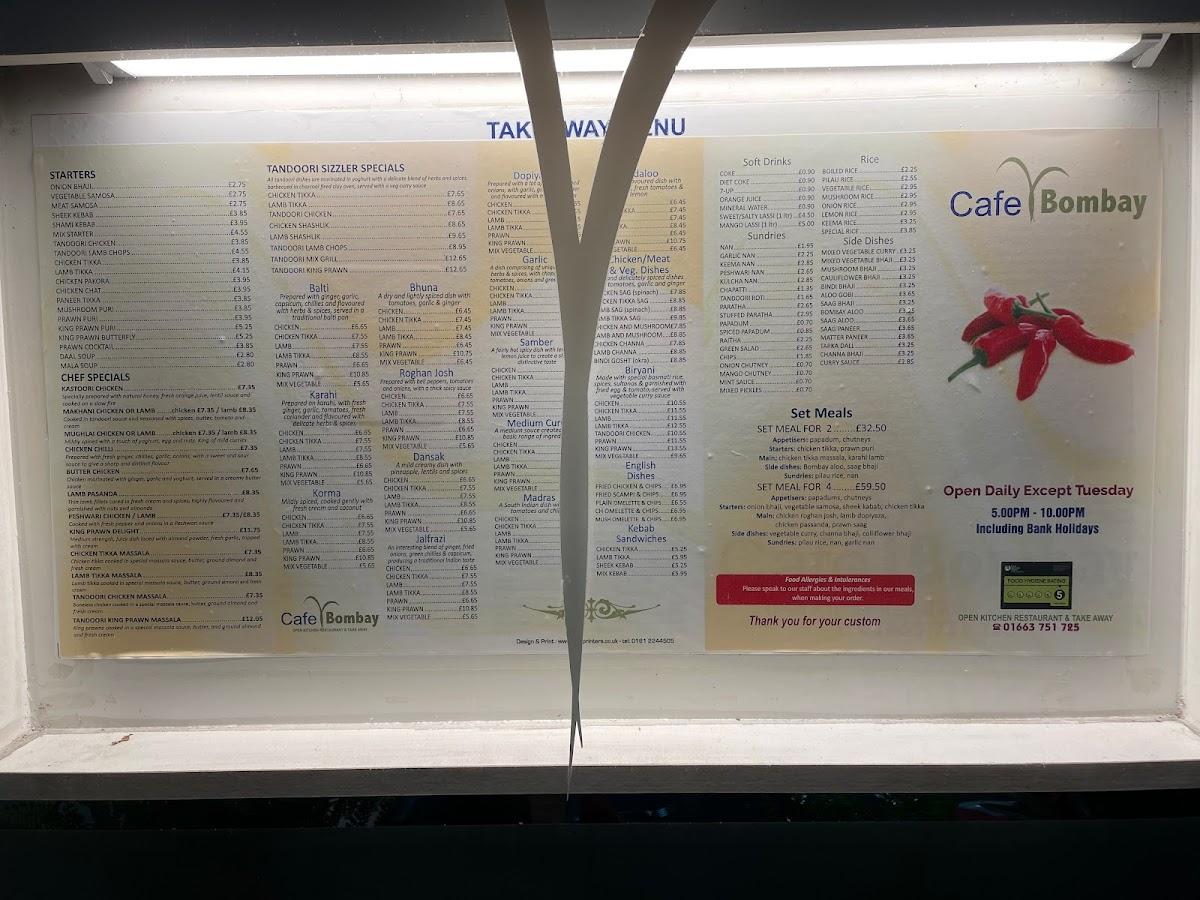Menu at Cafe Bombay, Chapel-en-le-Frith, 4 Lower Ln