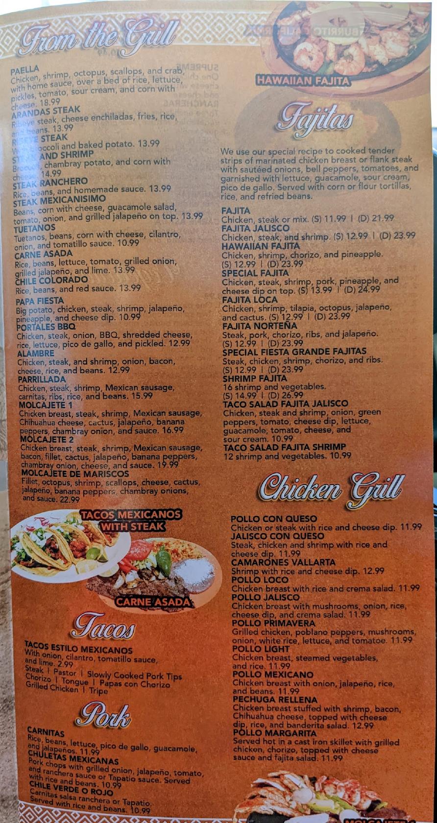 Menu at La Fiesta Grande restaurant, Shelbyville