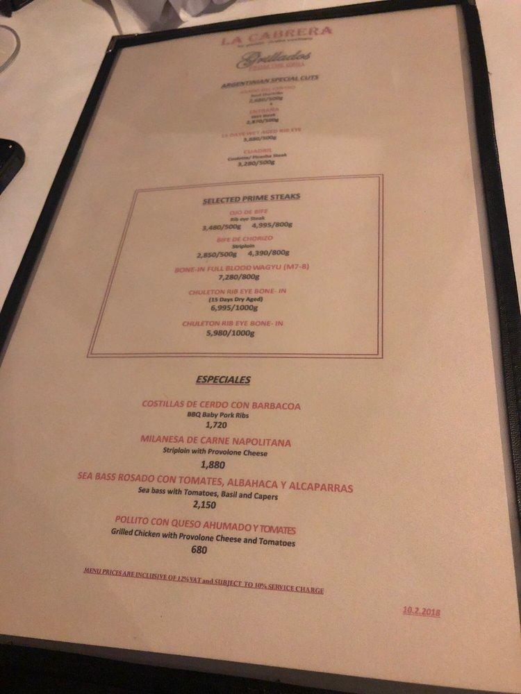 Menu at La Cabrera steakhouse, Makati, Ayala Avenue