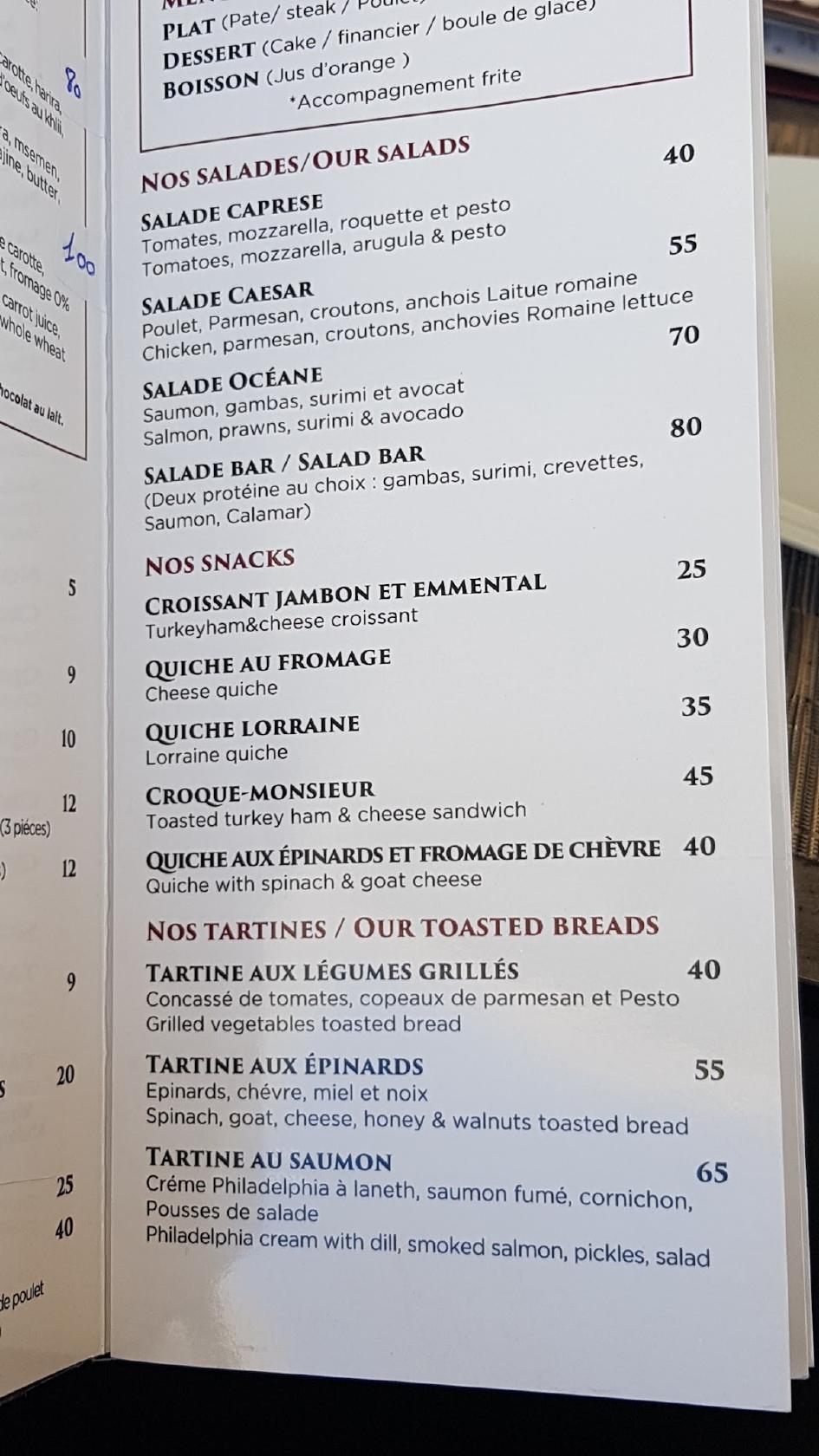 Menu au La Table du Marché restaurant, Tanger, Marina Bay