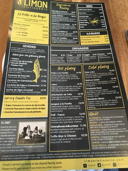 Menu at Limón restaurant, Burlingame