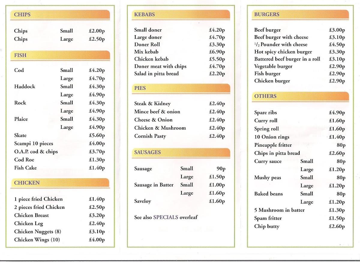 Menu at Melbourn Fish & Chips restaurant, Royston