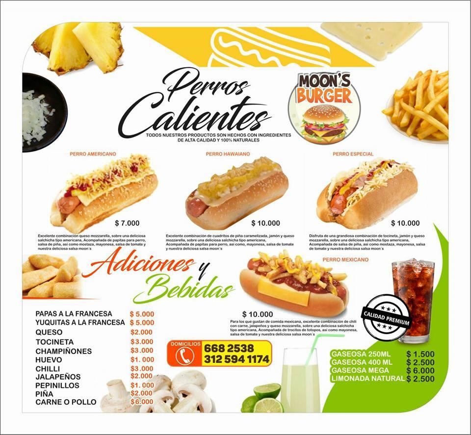 Menu at Moon's Burger restaurant, Villavicencio