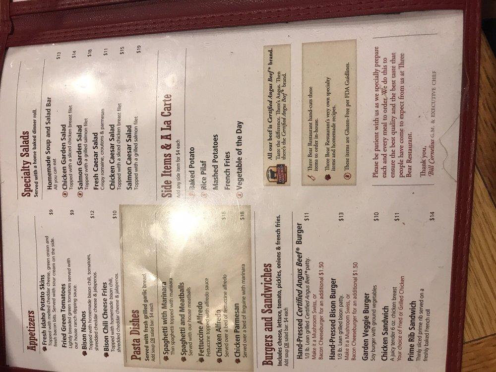 Menu at Three Bear Restaurant, West Yellowstone