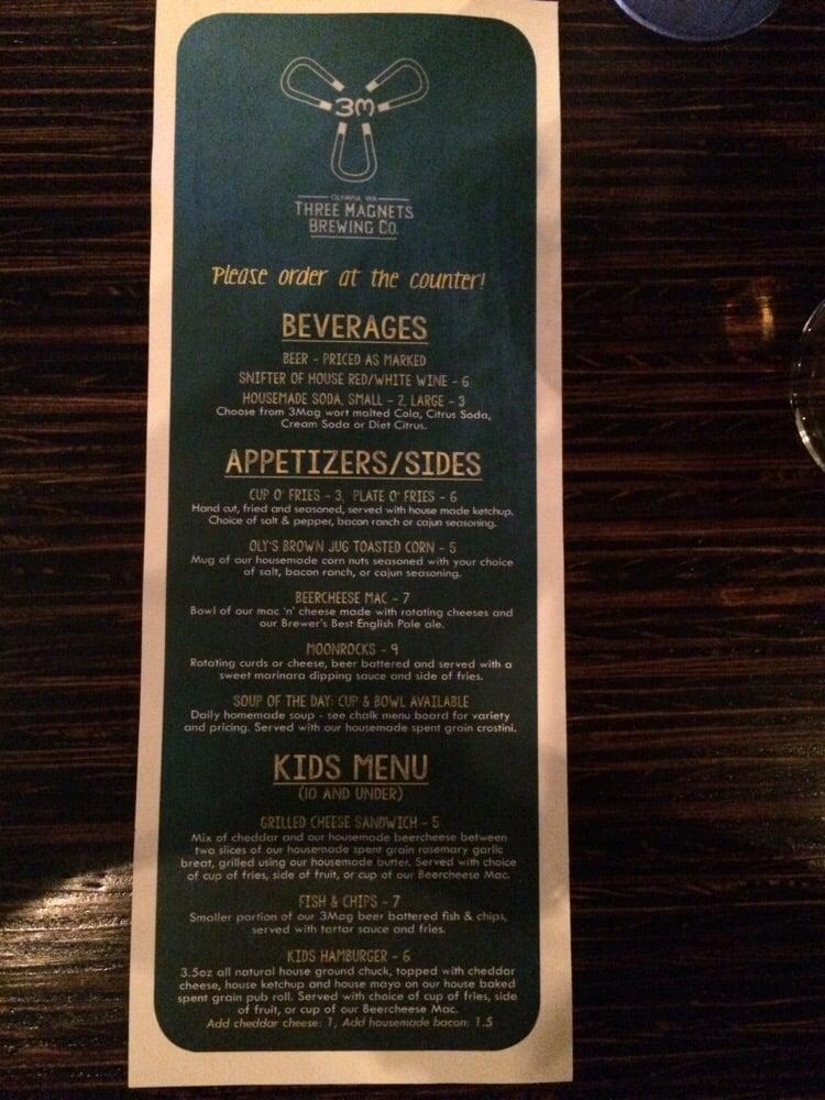 Menu at Three Magnets Brewing Co. pub & bar, Olympia