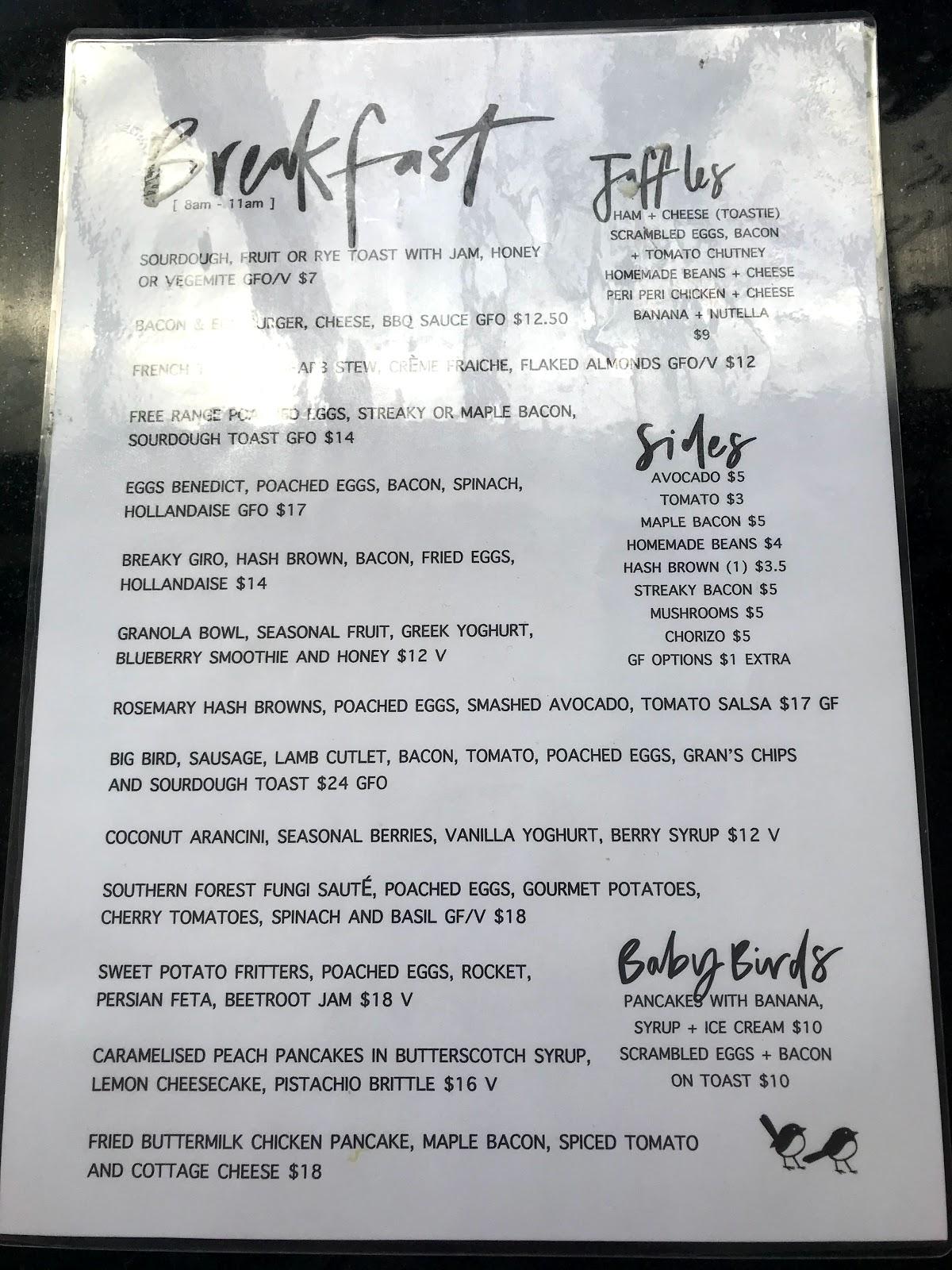 Menu at Two Little Black Birds cafe, Manjimup