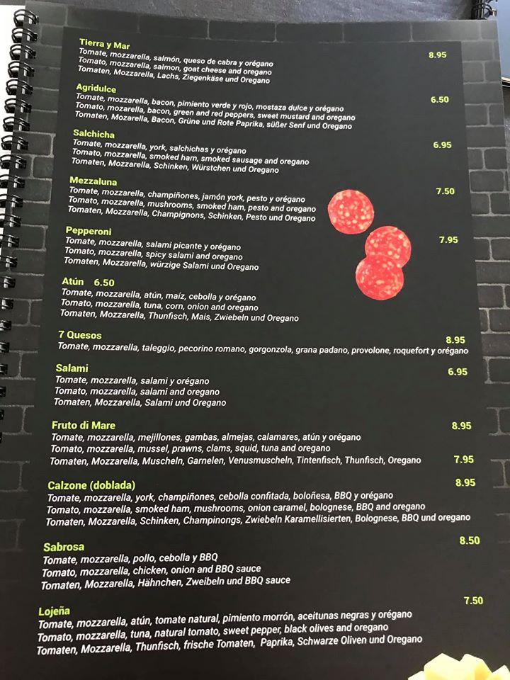 Menu at pizzeria el castillo, Torrox