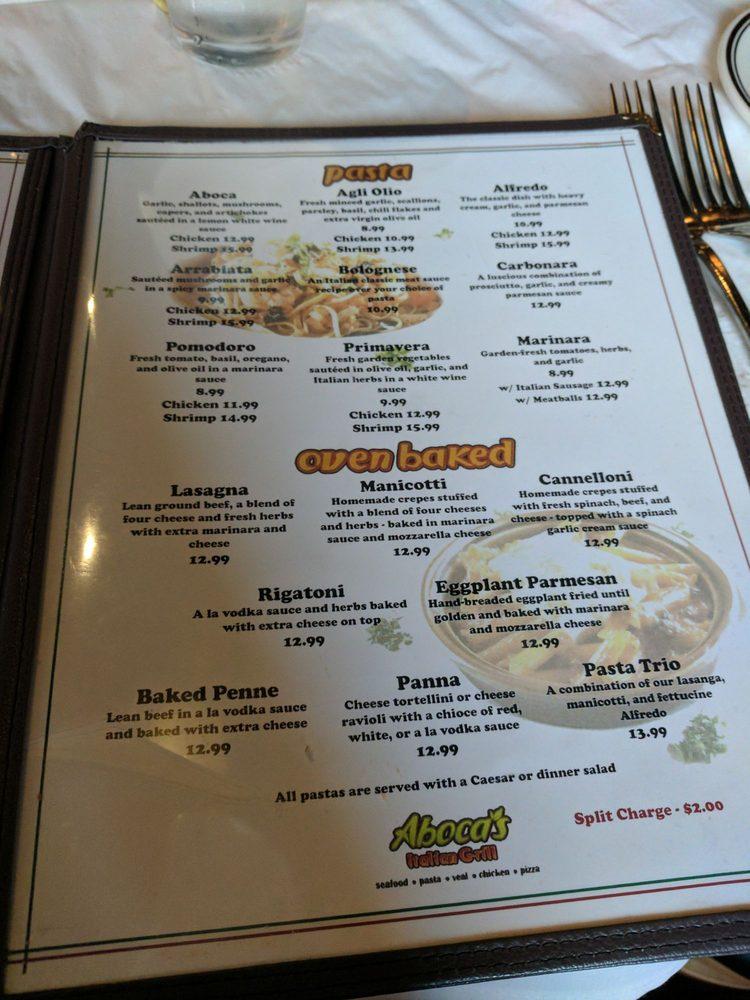 Menu at Aboca's Italian Grill pizzeria, Richardson