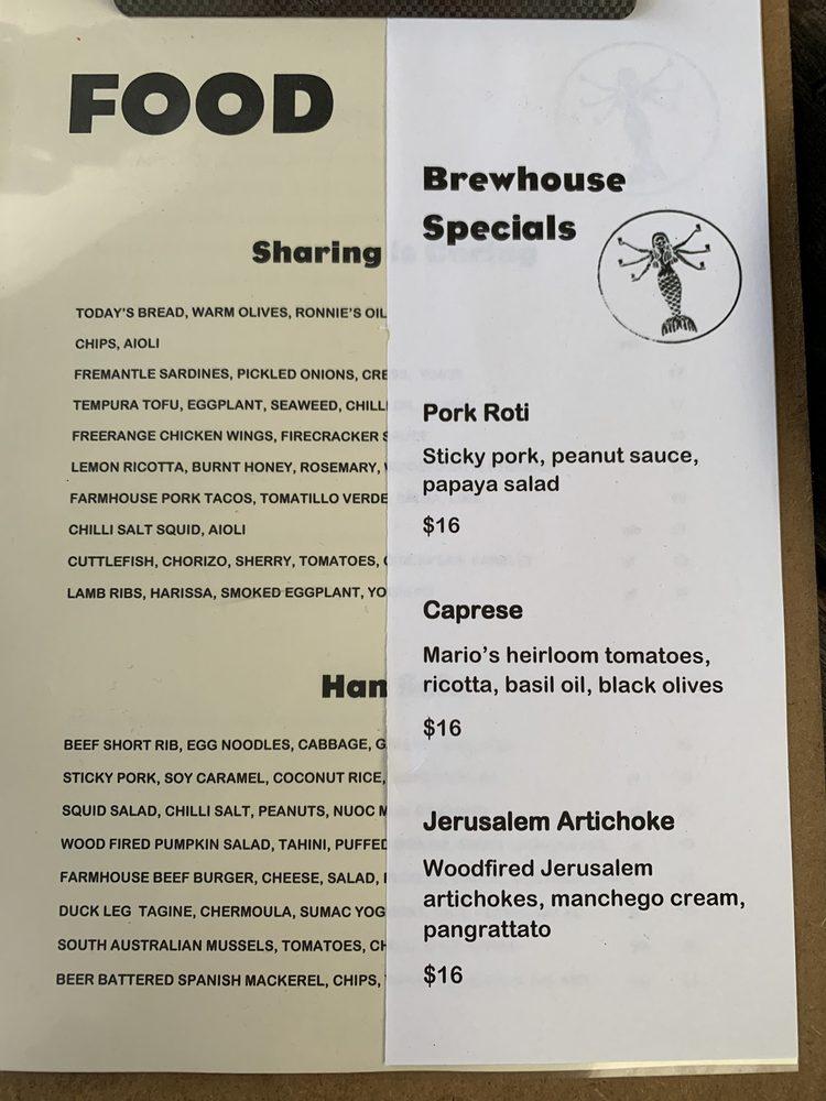 Menu at Margaret River Brewhouse restaurant, Margaret River