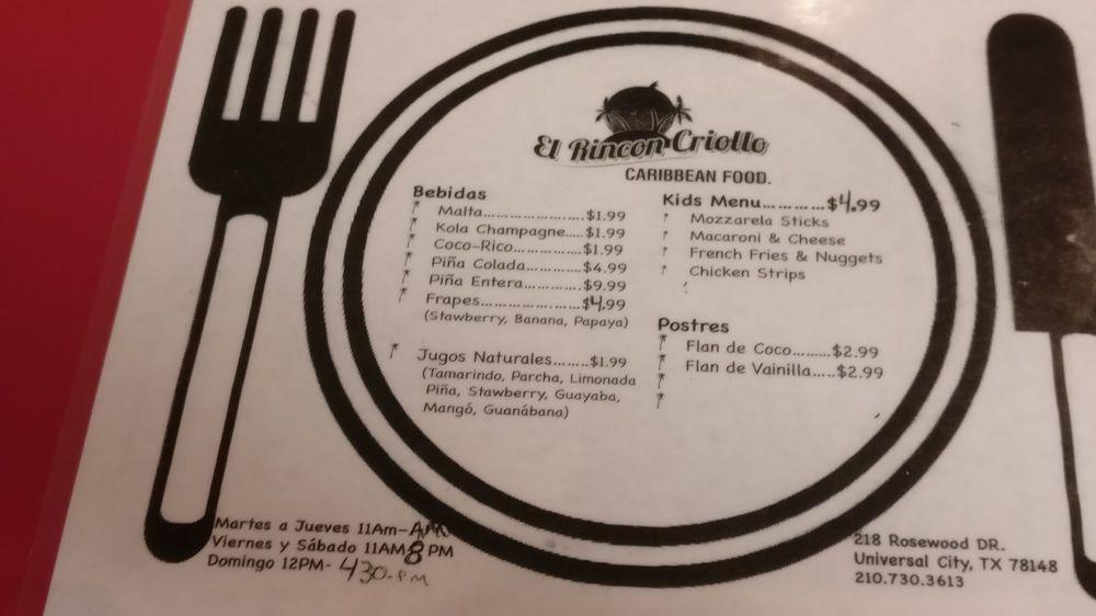 Menu at El Rincón Criollo restaurant, Universal City