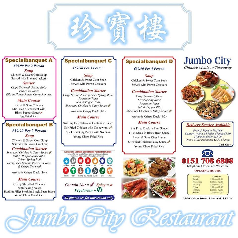 Menu at Jumbo City restaurant, Liverpool, 34-36 Nelson St